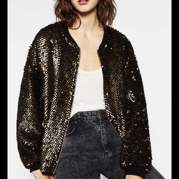 Zara | Jackets & Coats | Zara Fleecy Black Gold Sequined Bomber Jacket ...